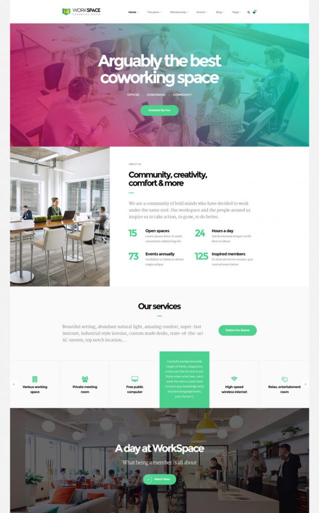 10 Best Selling Wordpress Themes for Co-working, Creative Space and Open Office 2018